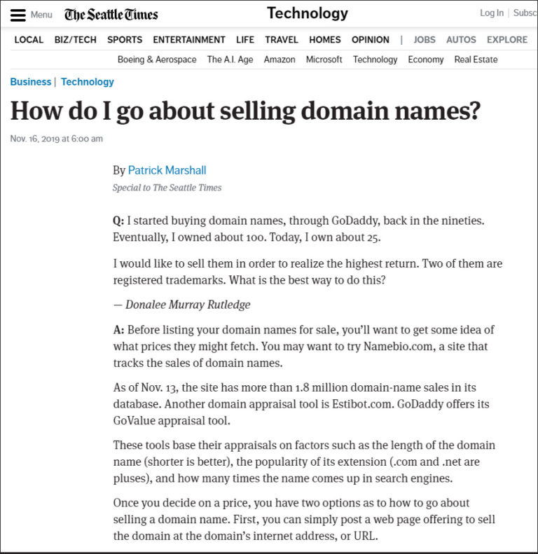 How Do I Go About Selling Domain Names? Seattle Times News Story on Nov ...
